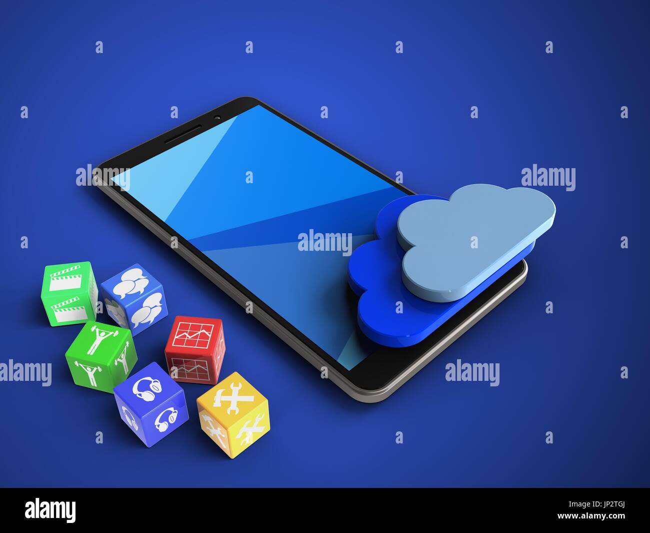 3d illustration of mobile phone over blue background with cubes and ...