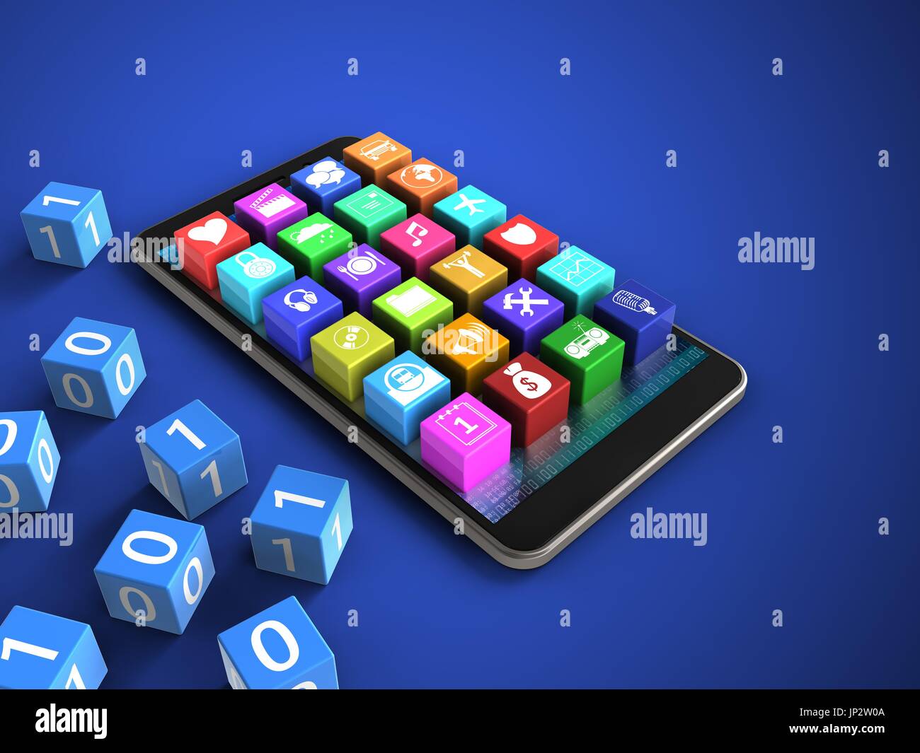 3d illustration of mobile phone over blue background with binary cubes ...