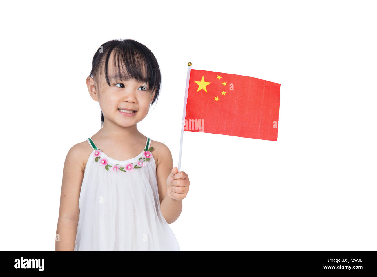 Asian chinese little girl holding Chinese Flag in isolated white ...