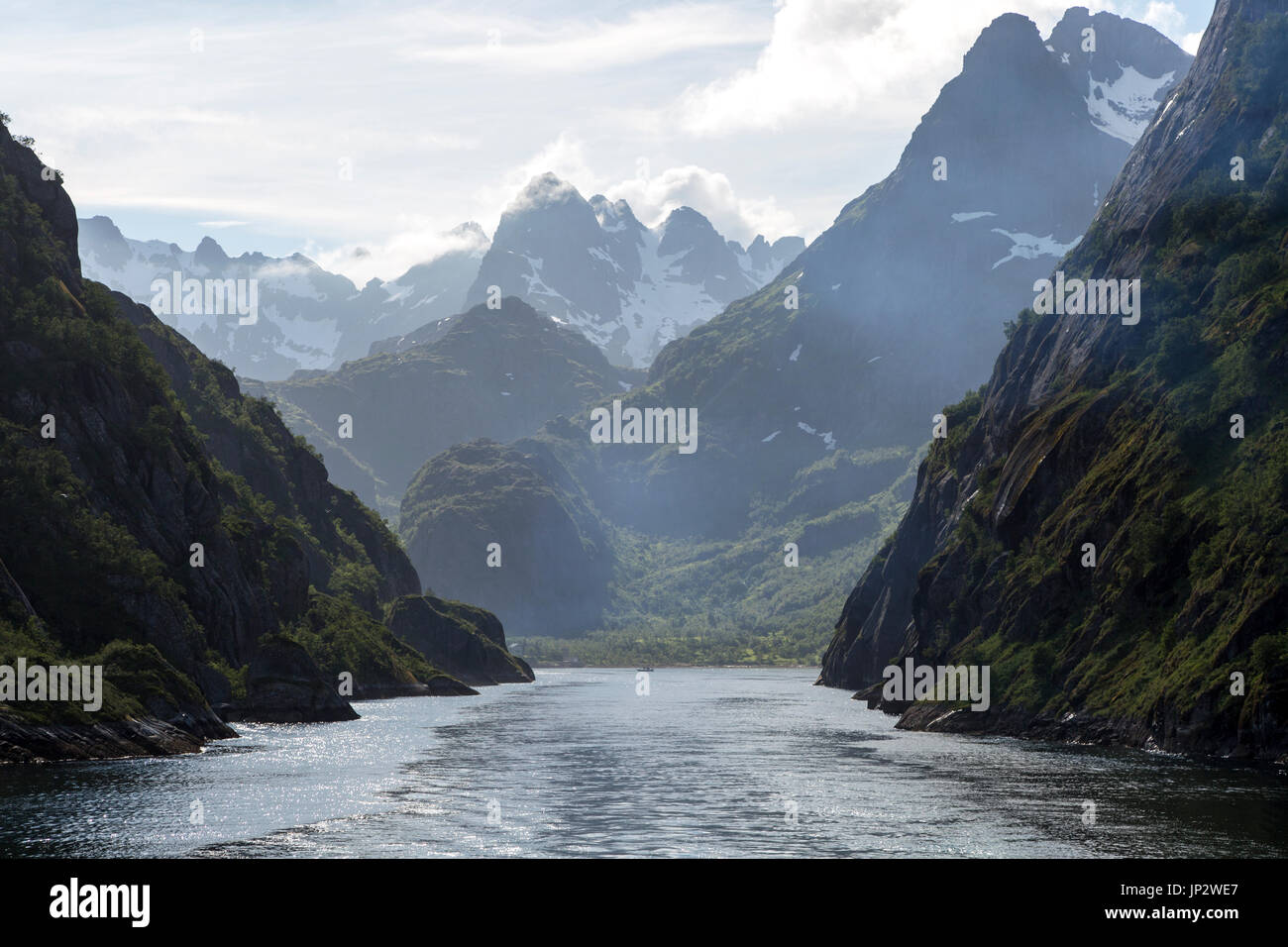 Steep sided glacial trough fiord of Trollfjorden, Lofoten Islands ...