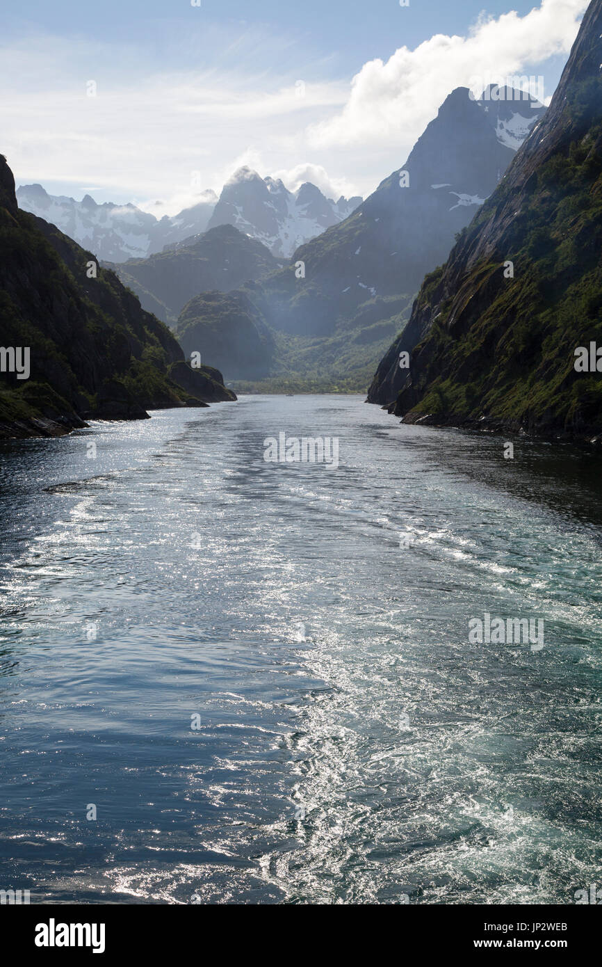 Steep sided glacial trough fiord of Trollfjorden, Lofoten Islands ...