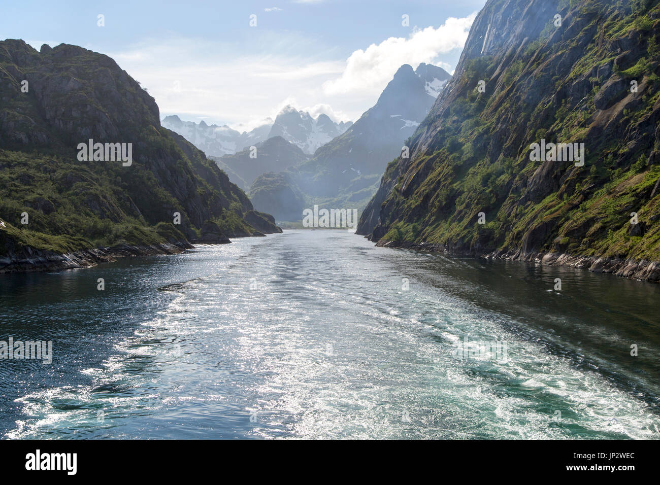 Steep sided glacial trough fiord of Trollfjorden, Lofoten Islands ...