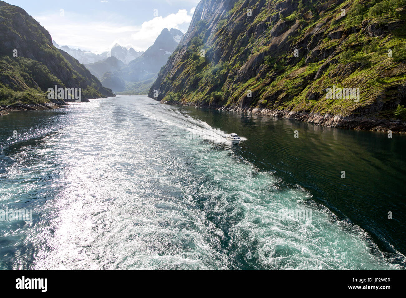 Steep sided glacial trough fiord of Trollfjorden, Lofoten Islands ...