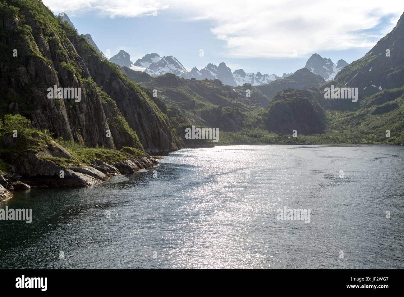 Steep sided glacial trough fiord of Trollfjorden, Lofoten Islands ...