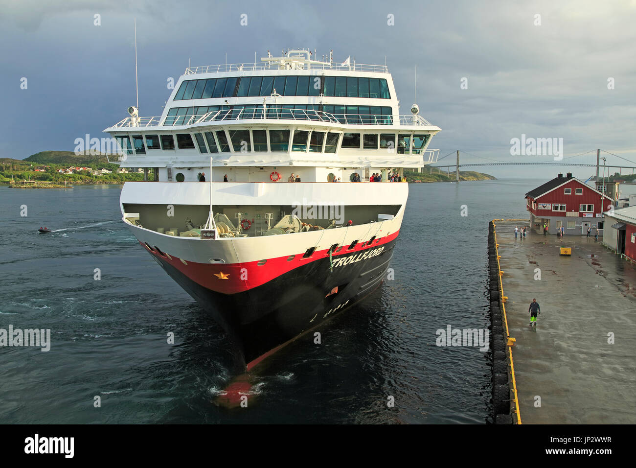 Hurtigruten ship 'Trollfjord' arriving at port of Rorvik, Norway Stock ...