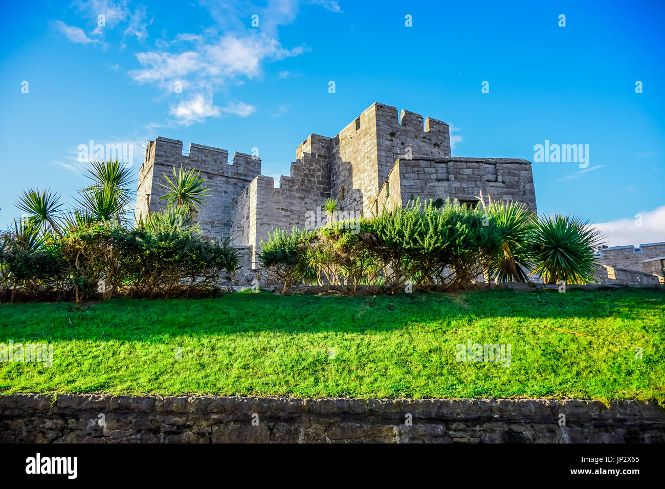 The Castle Rushen in Castletown in a clear blue sky, Isle of Man Stock ...