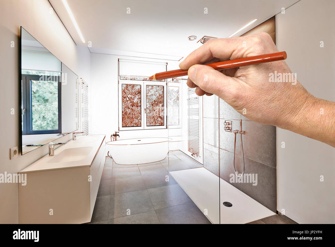 Drawing renovation of a Luxury modern bathroom, Bathtub in corian ...