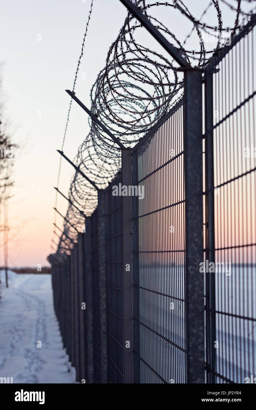 Sharp barbed wire on fence at cold winter Stock Photo - Alamy