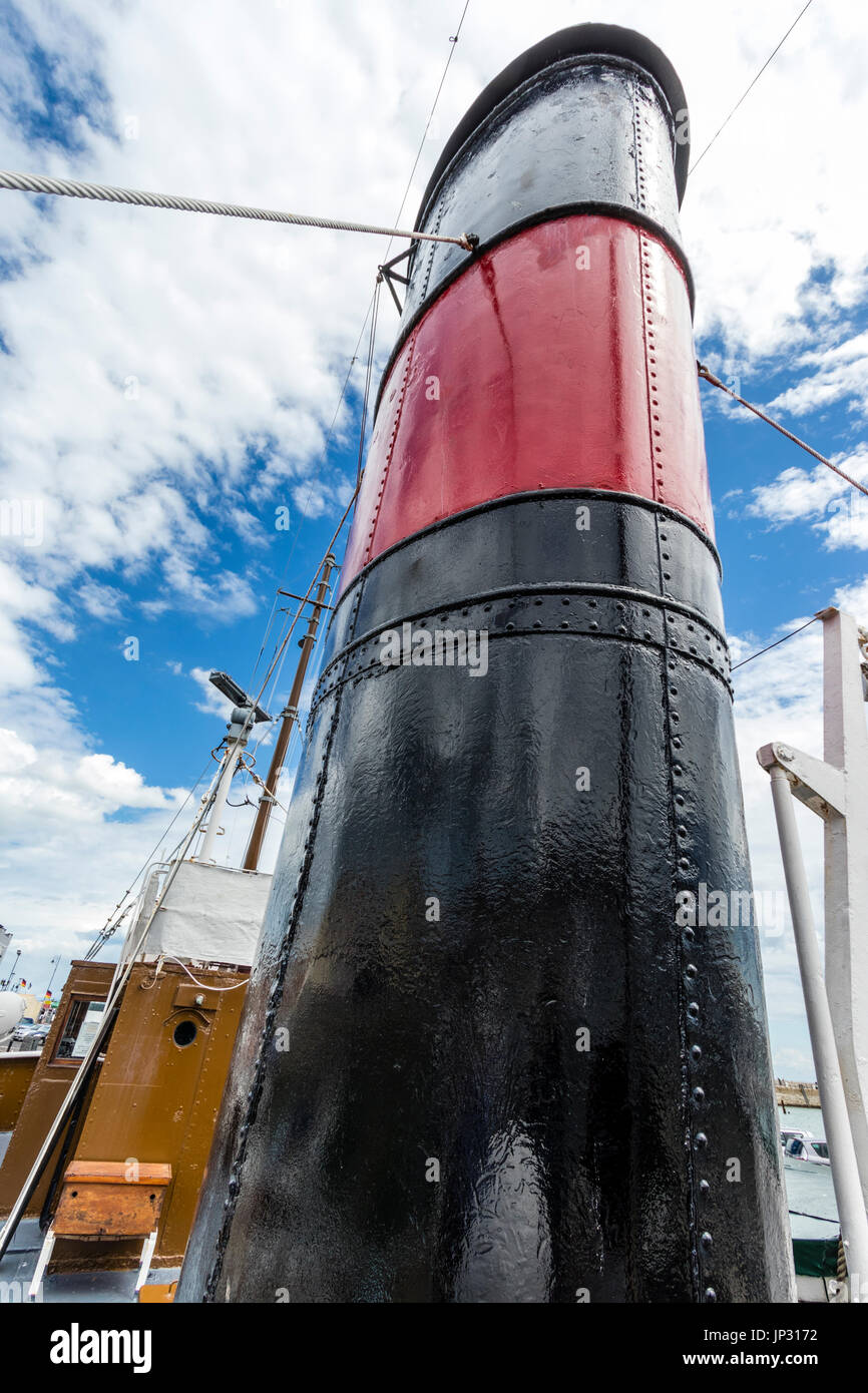 The smoke stack, funnel, of the 1940s steam tug, Cervia, moored at ...