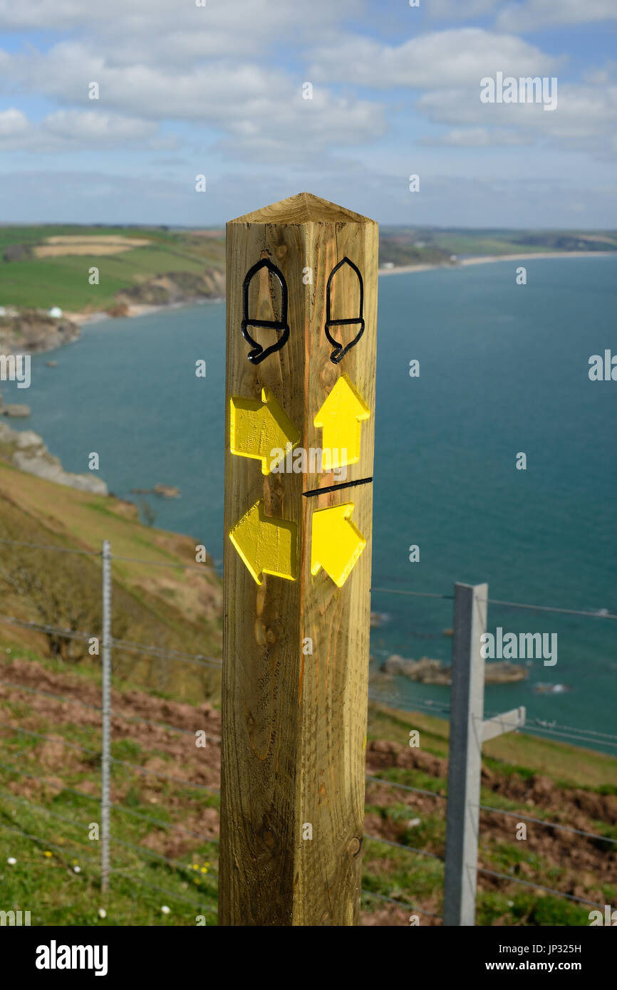 Waymarker post along the South West Coast Path, overlooking Start Bay ...