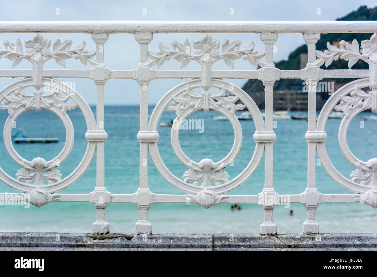 Famous ornamental iron fence in La Concha beach, San Sebastian ...