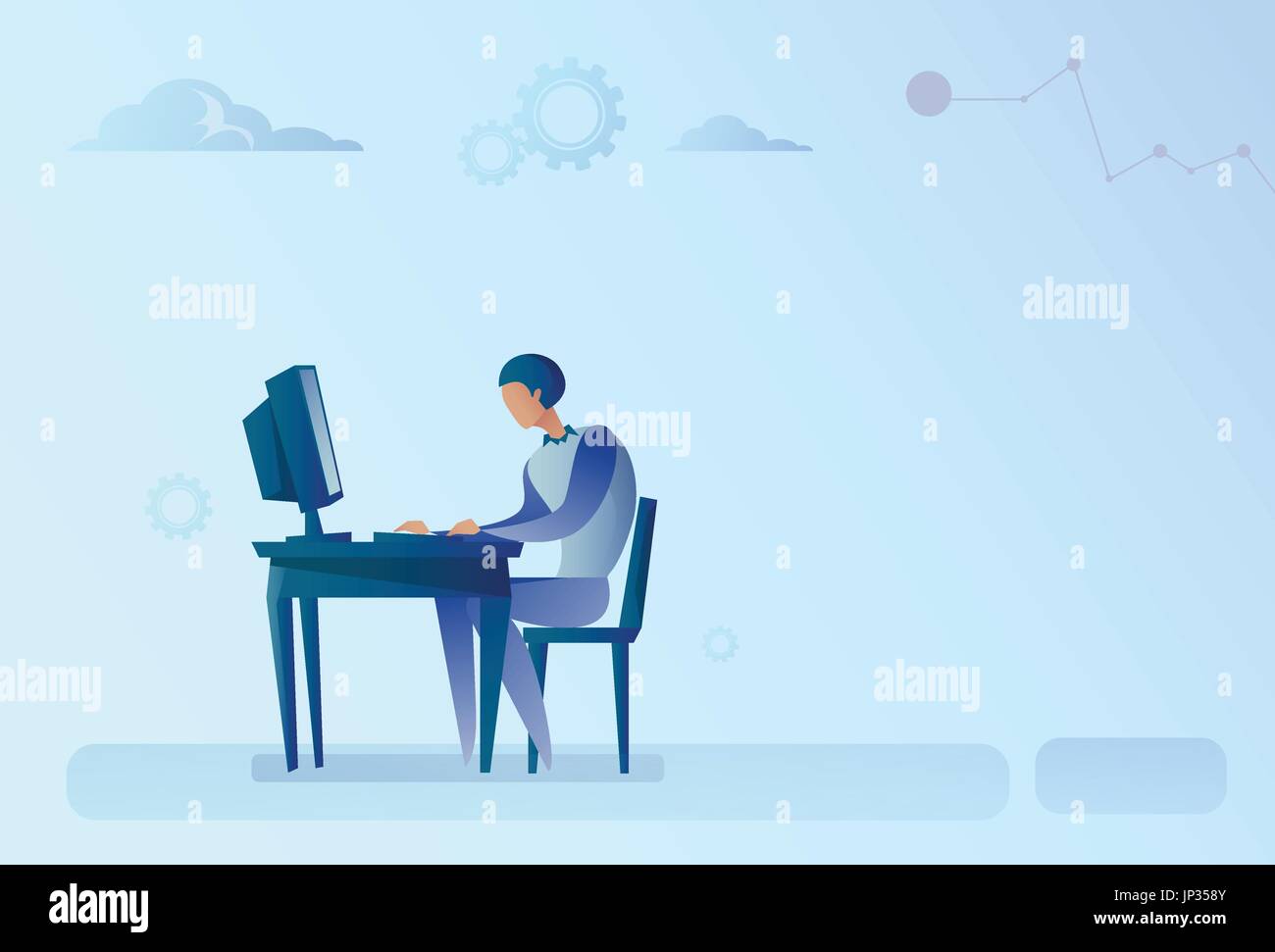 Abstract Business Man Sitting At Office Desk Working Computer Stock ...