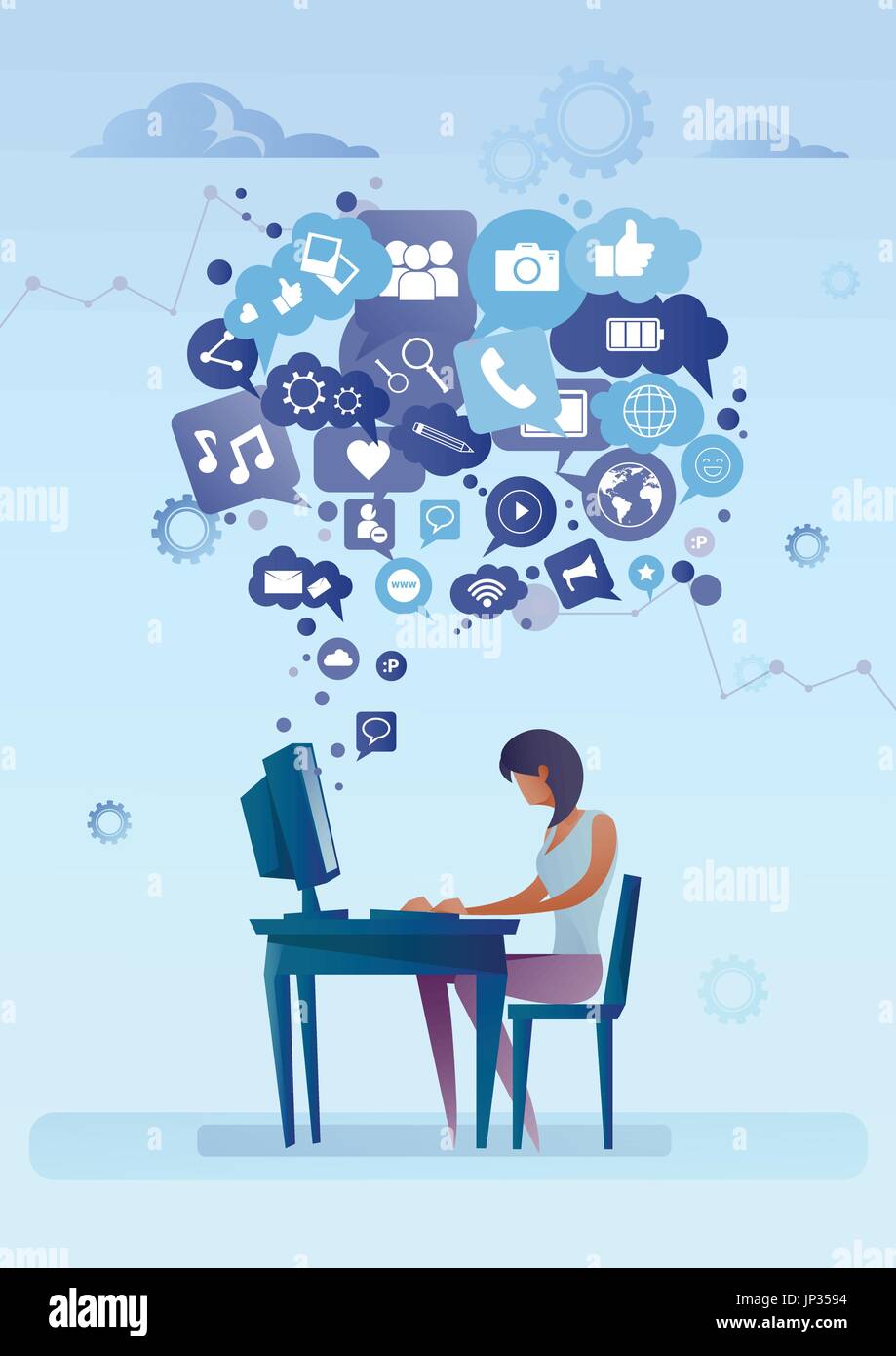 Woman Using Computer With Chat Bubble Of Social Media Icons Network ...