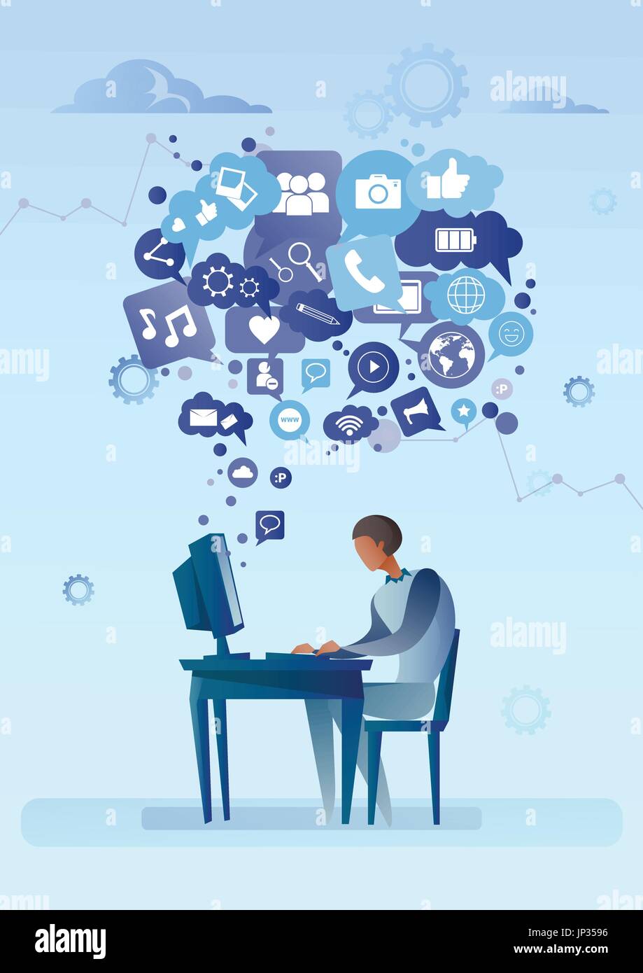 Man Using Computer With Chat Bubble Of Social Media Icons Network ...