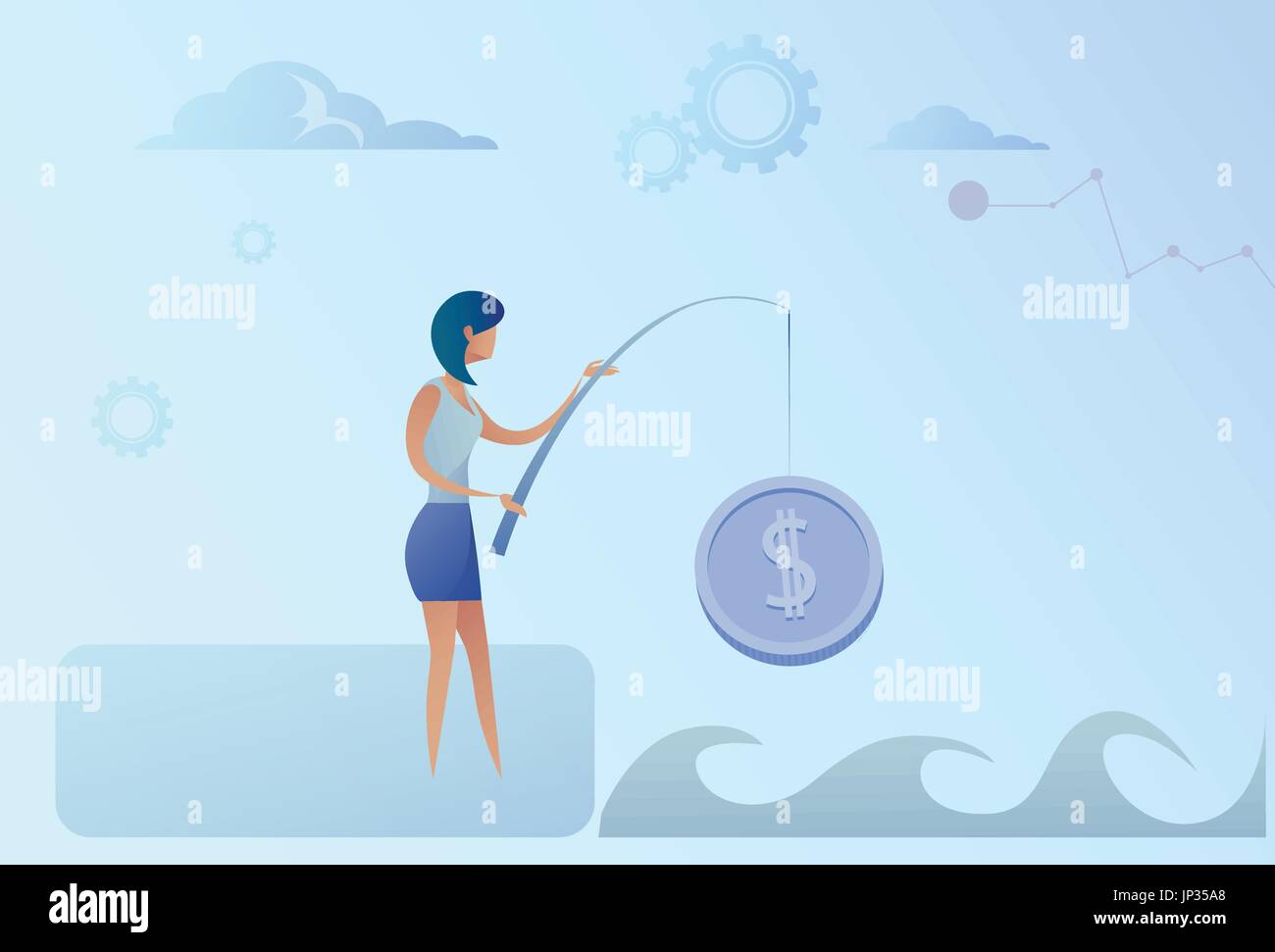 Business Woman Fishing Money Coin Strategy Success Finance Growth ...