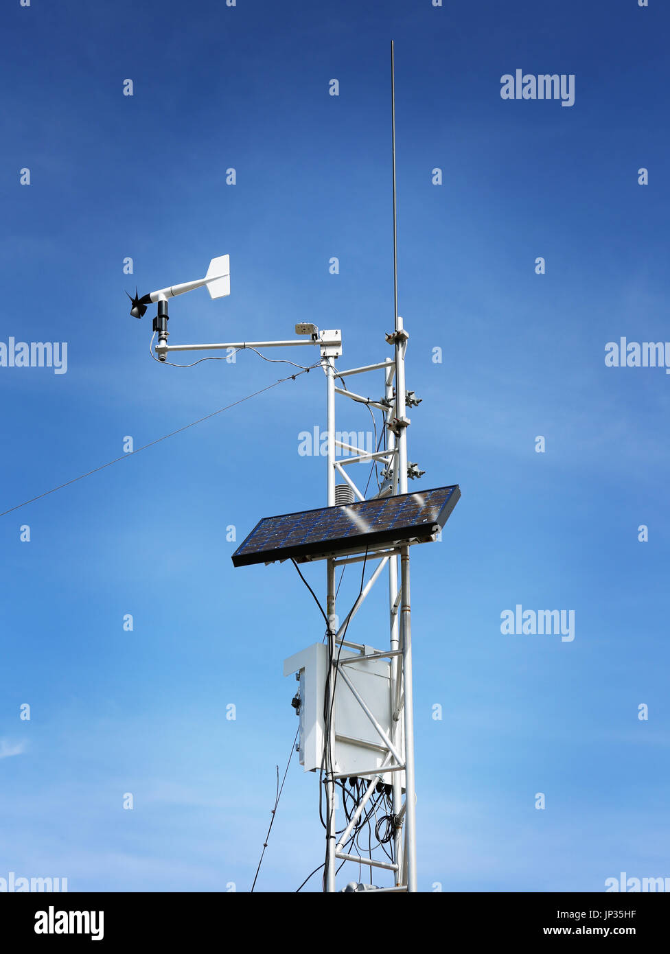 Scientific working weather station with solar panel on blue sky ...