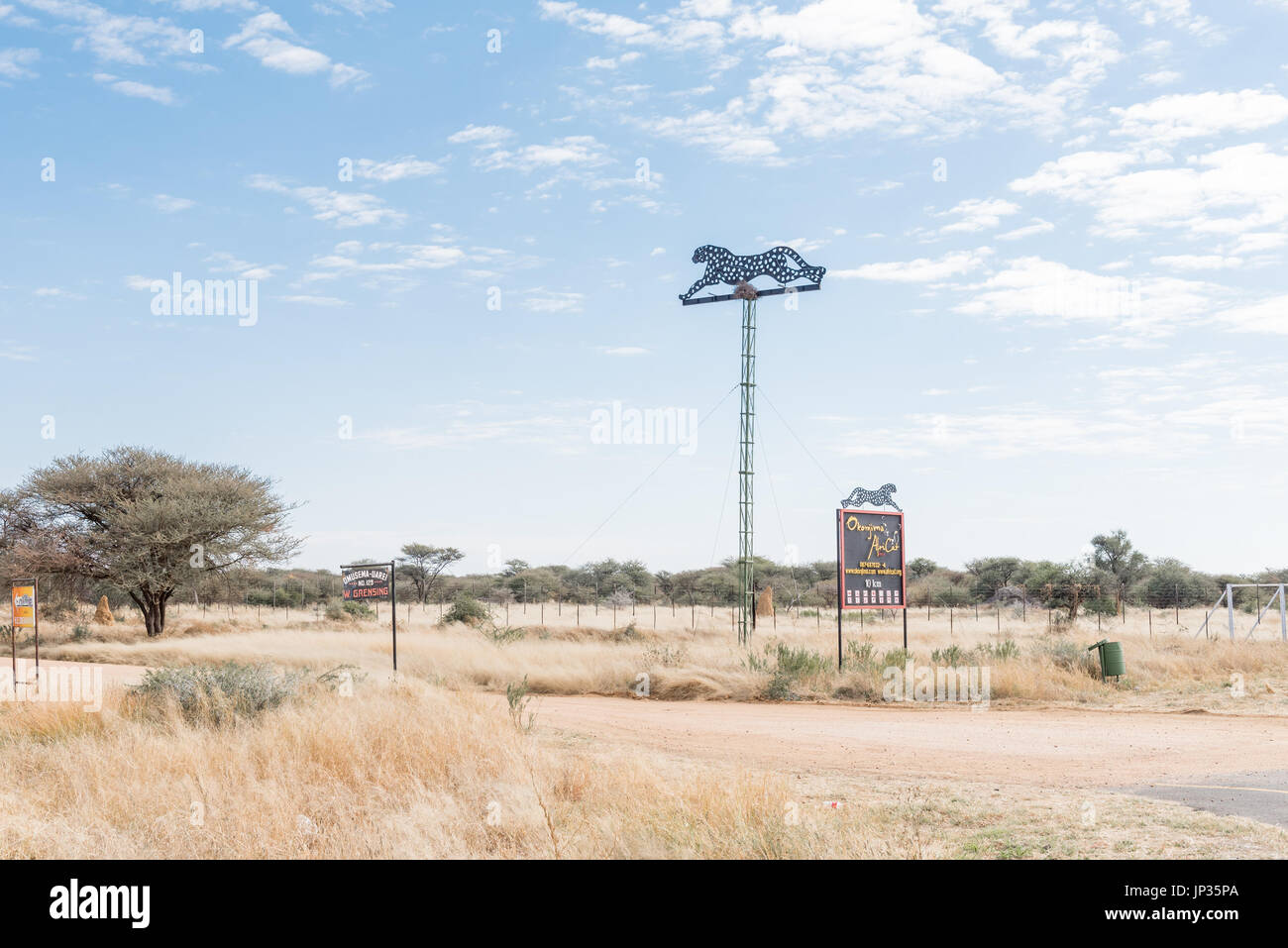 OKAHANDJA, NAMIBIA - JUNE 19, 2017: Sign boards for the Okonjima ...