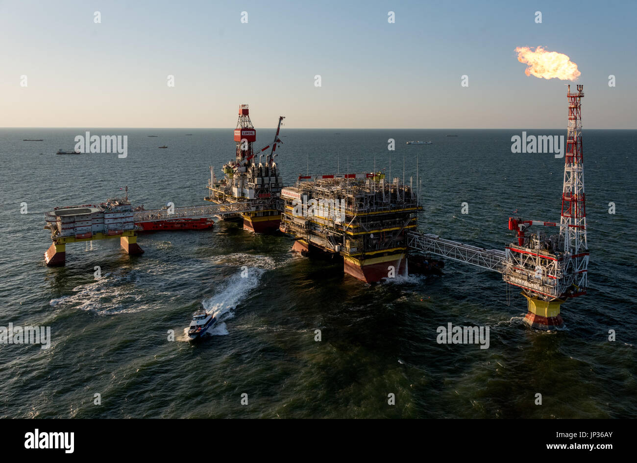Oil rig platform on Lukoil Filanovsky oil field at the Caspian Sea ...