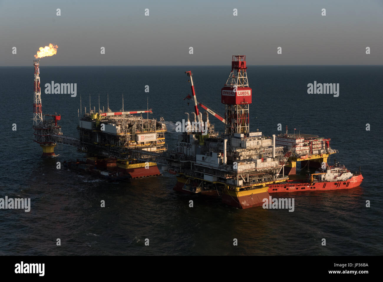 Oil rig platform on Lukoil Filanovsky oil field at the Caspian Sea ...