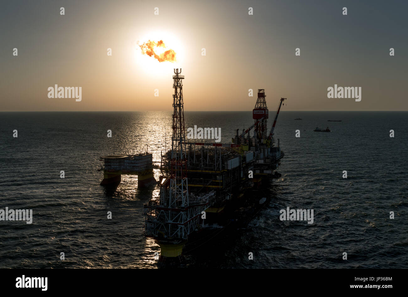 Oil rig platform on Lukoil Filanovsky oil field at the Caspian Sea ...