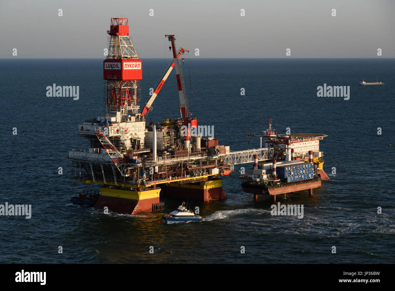 Oil rig platform on Lukoil Filanovsky oil field at the Caspian Sea ...