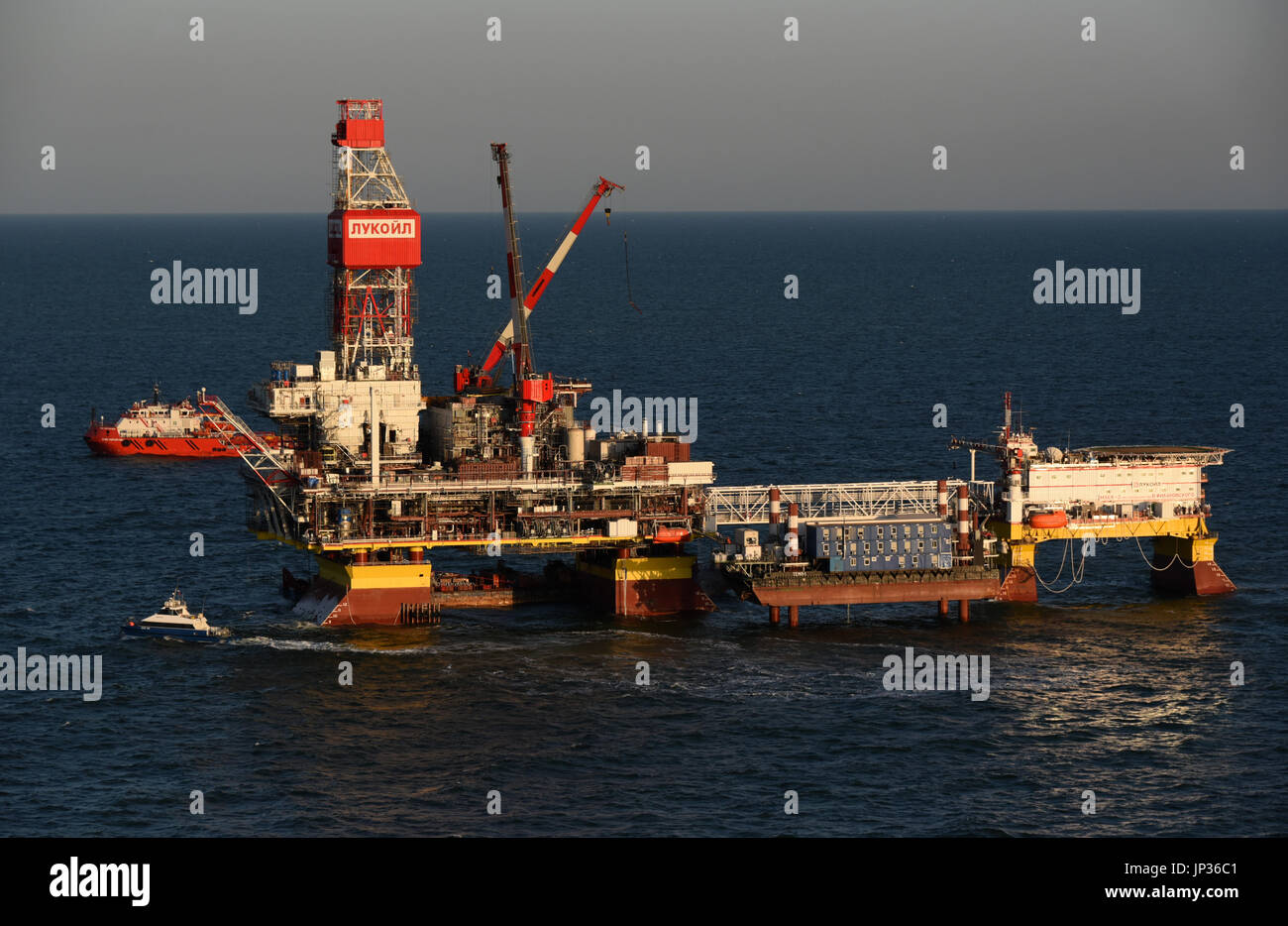 Oil rig platform on Lukoil Filanovsky oil field at the Caspian Sea ...