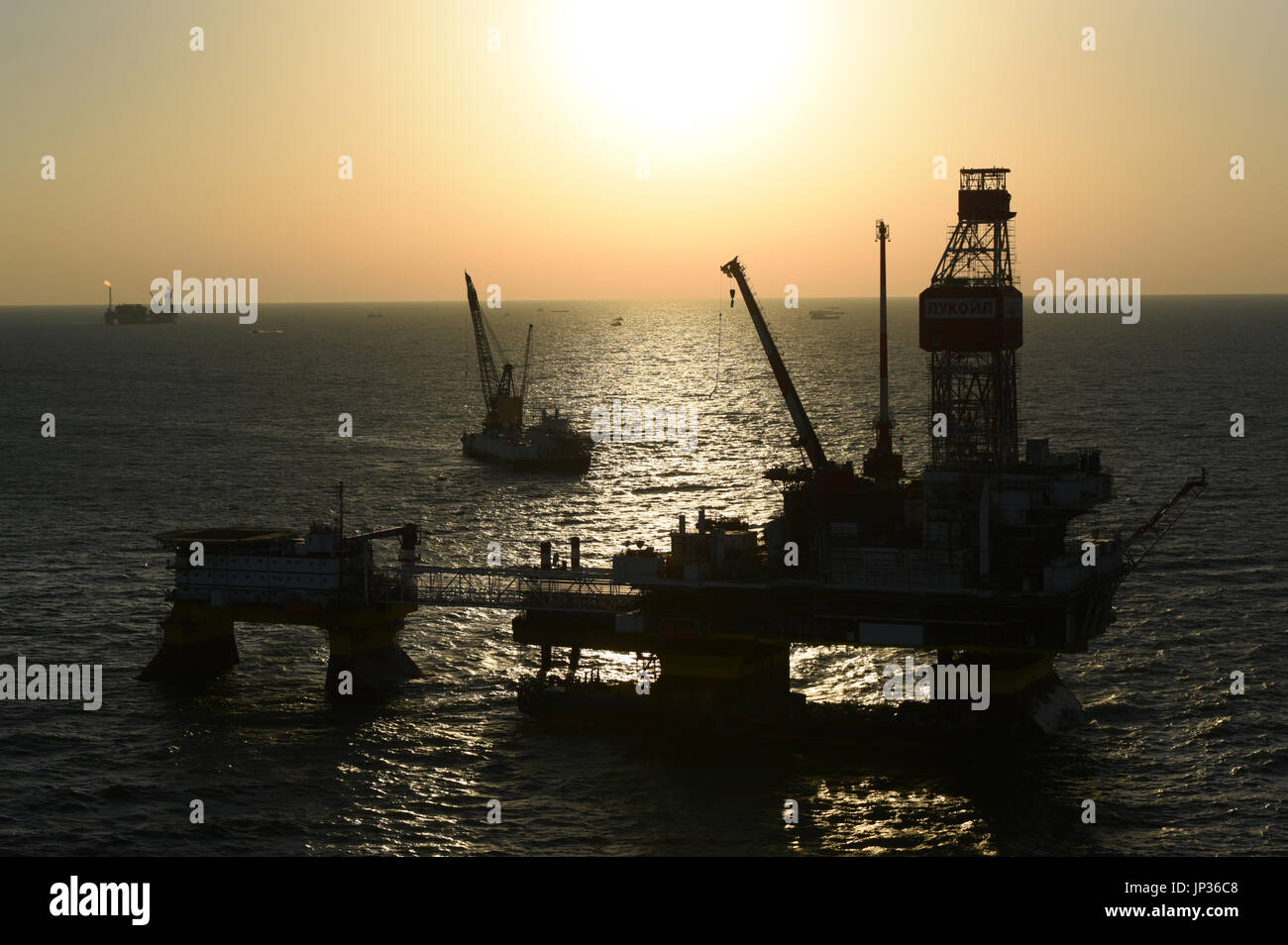 Oil rig platform on Lukoil Filanovsky oil field at the Caspian Sea ...