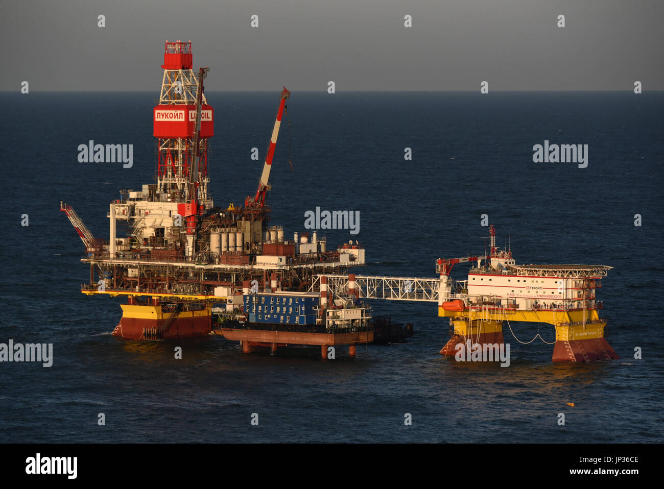 Oil rig platform on Lukoil Filanovsky oil field at the Caspian Sea ...