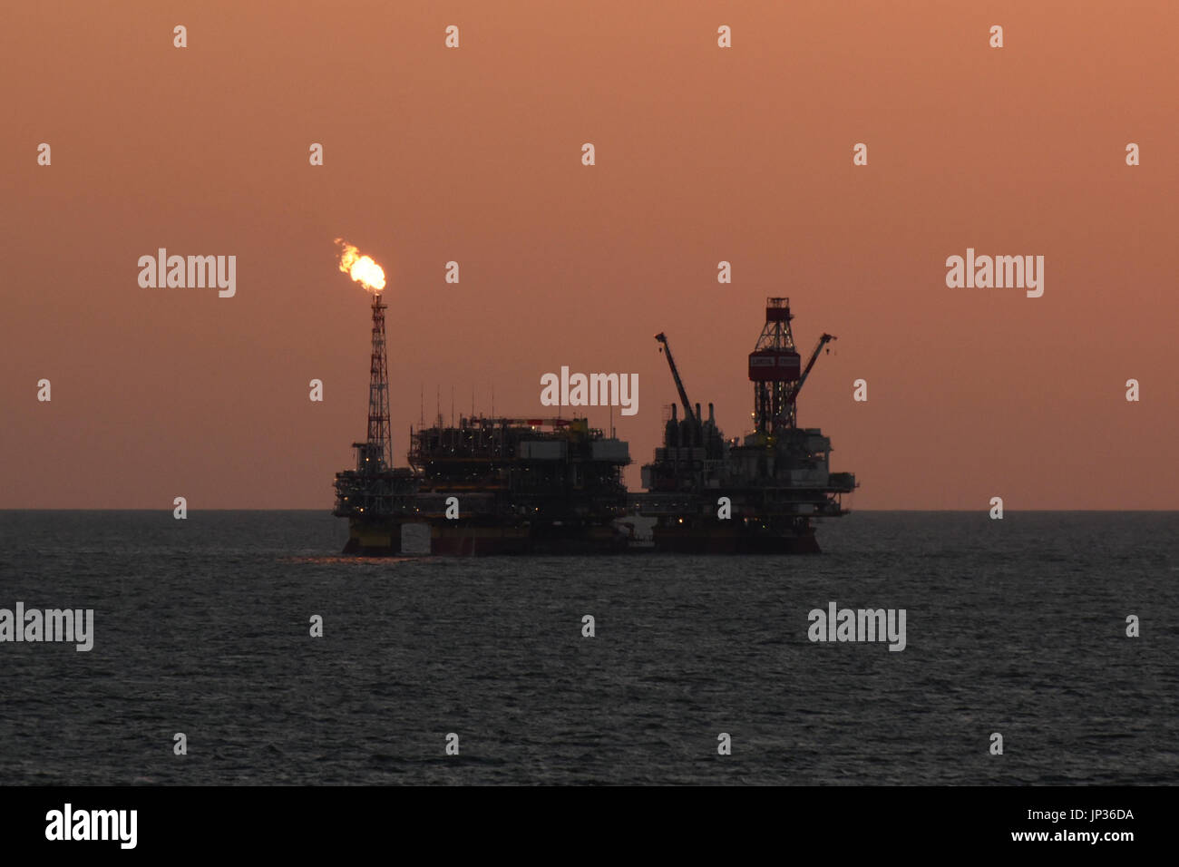 Oil rig platform on Lukoil Filanovsky oil field at the Caspian Sea ...