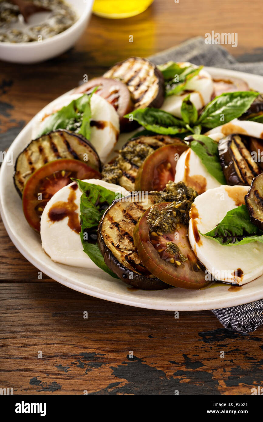 Summer caprese salad with grilled eggplant, pesto and balsamic glaze ...