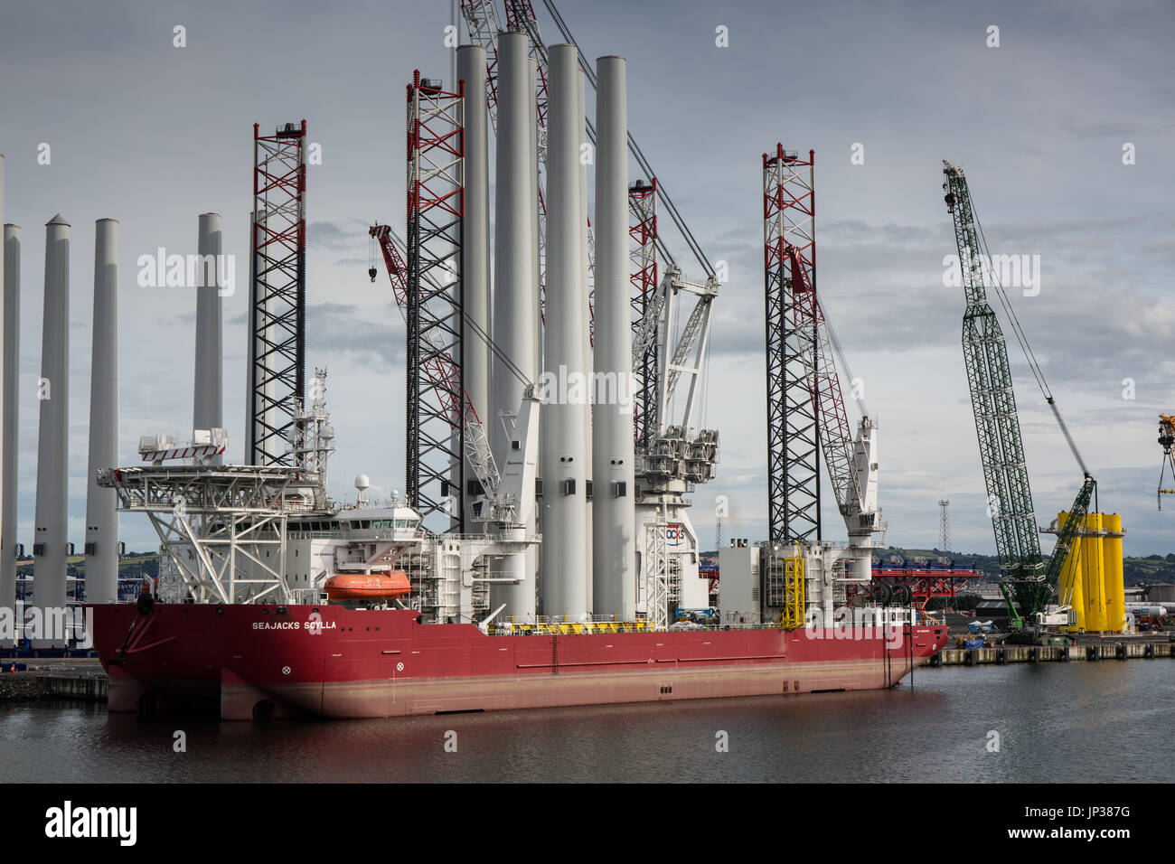 Floating wind farm parts at Belfast dock awaiting shipping and assembly ...