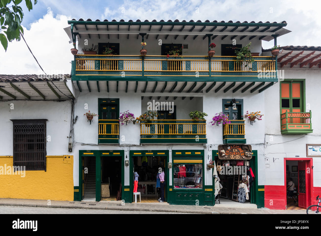 Shops and stores at the historic center of small town Jardin, Colombia ...