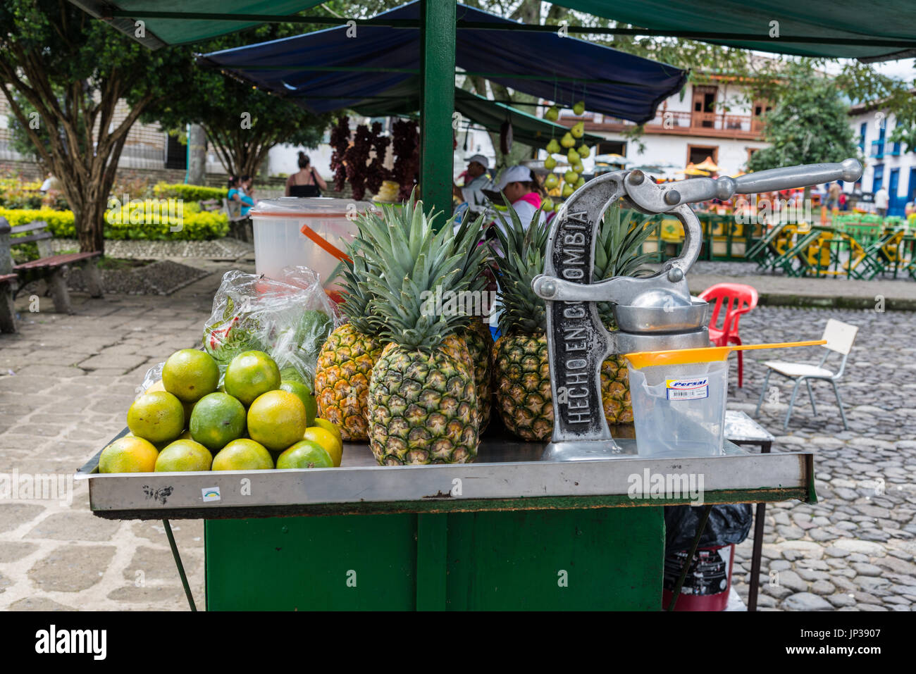 Juice is made from fresh fruits. Jardin, Colombia, South America Stock ...