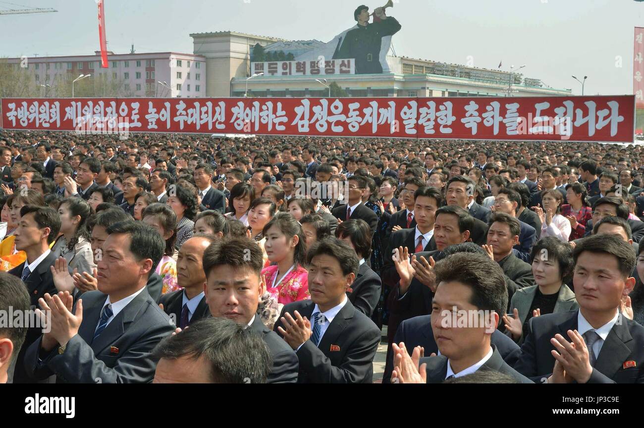 PYONGYANG, North Korea - People gather at Kim Il Sung Square in ...