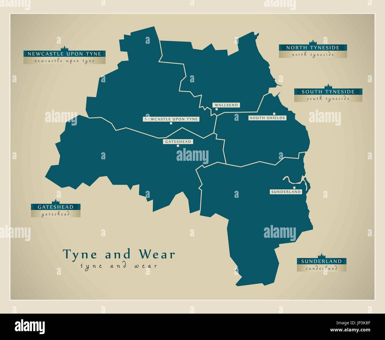 Modern Map - Tyne and Wear metropolitan county England UK illustration ...