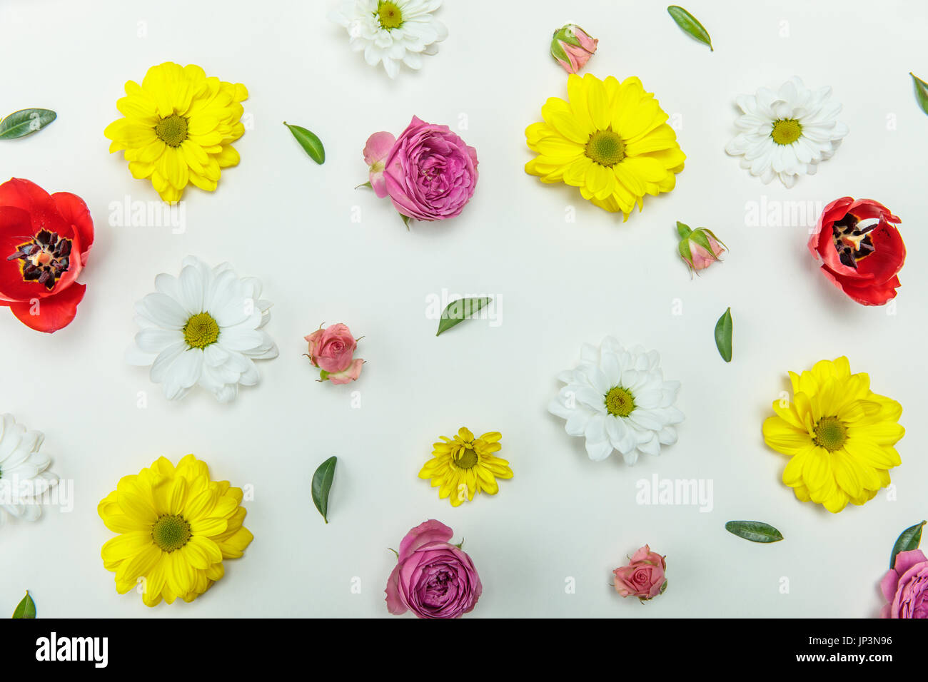 Top view of beautiful floral pattern with various blooming flowers ...