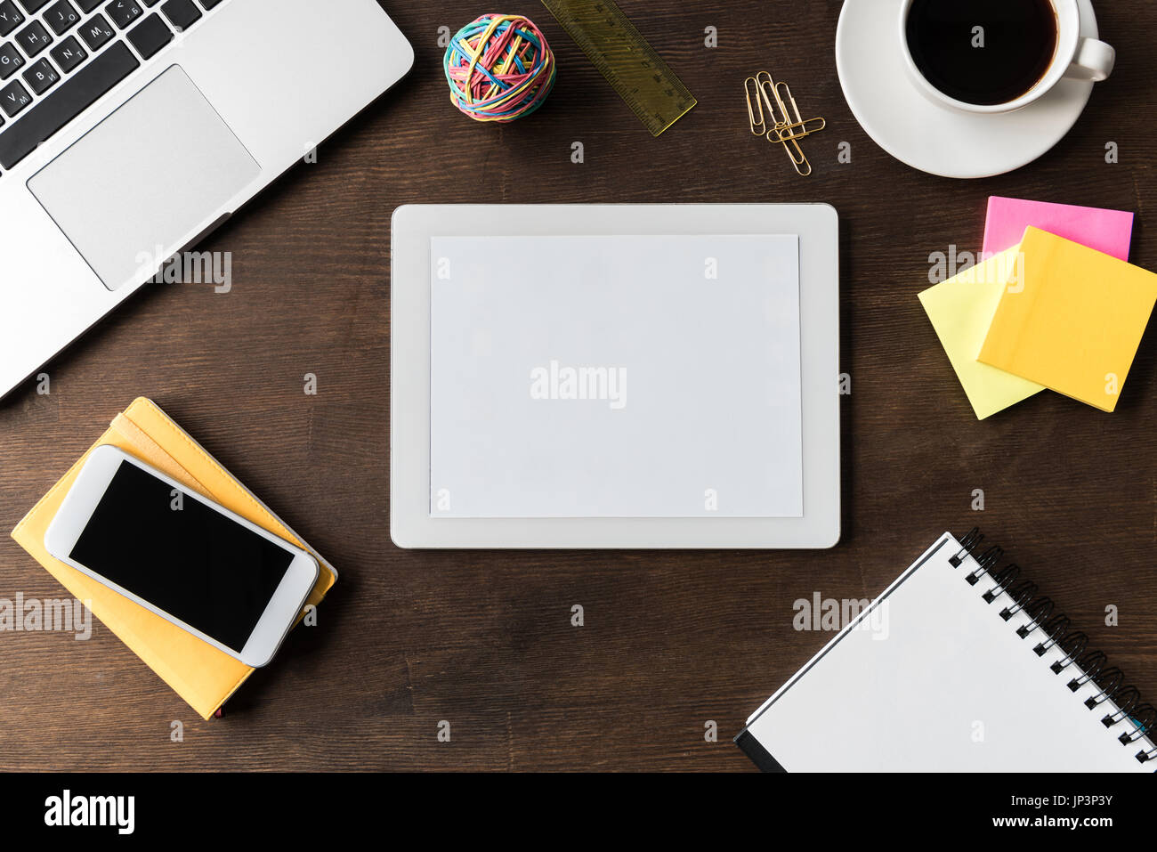 top view of tablet and other digital devices on home office table Stock ...