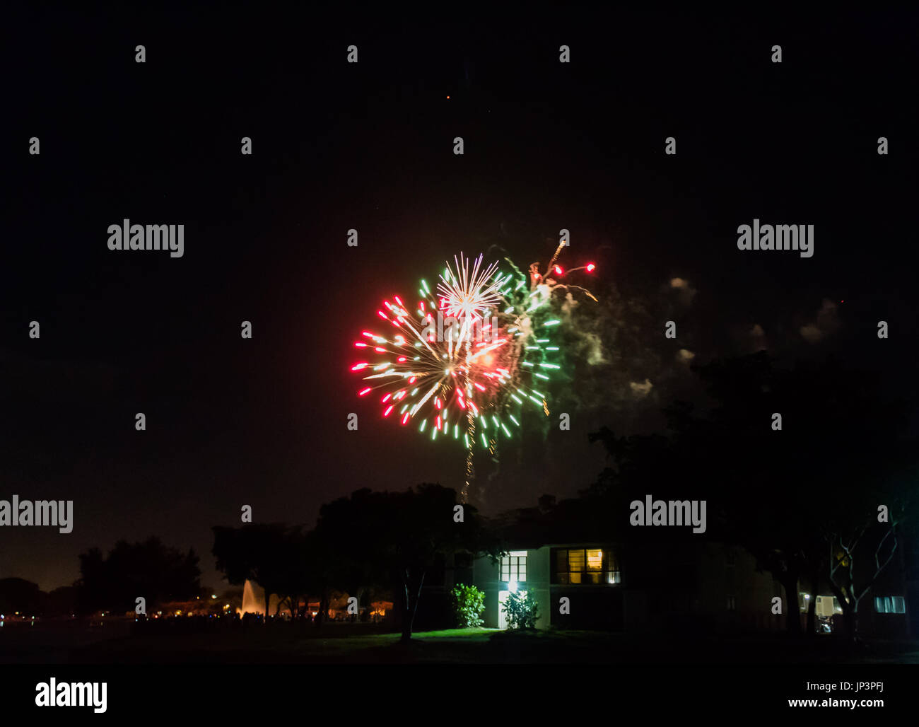 Fireworks over a lake side view on the 4th of July Stock Photo - Alamy