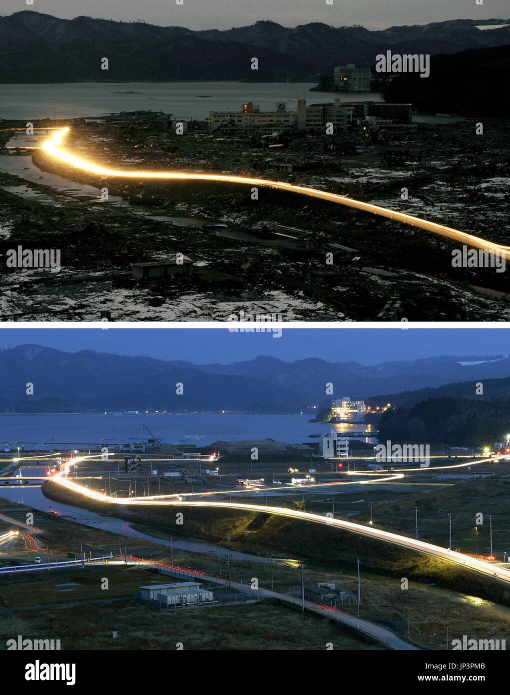 SENDAI, Japan - Long-exposure photos show an evening view of ...
