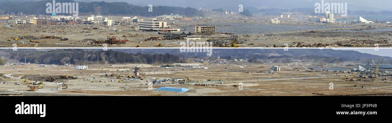 SENDAI, Japan - Panoramic photos show an area of Rikuzentakata, Iwate ...