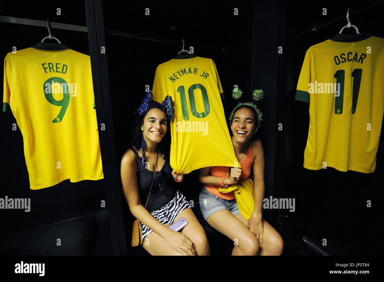 RIO DE JANEIRO, Brazil - Brazilian national soccer team uniforms hang ...