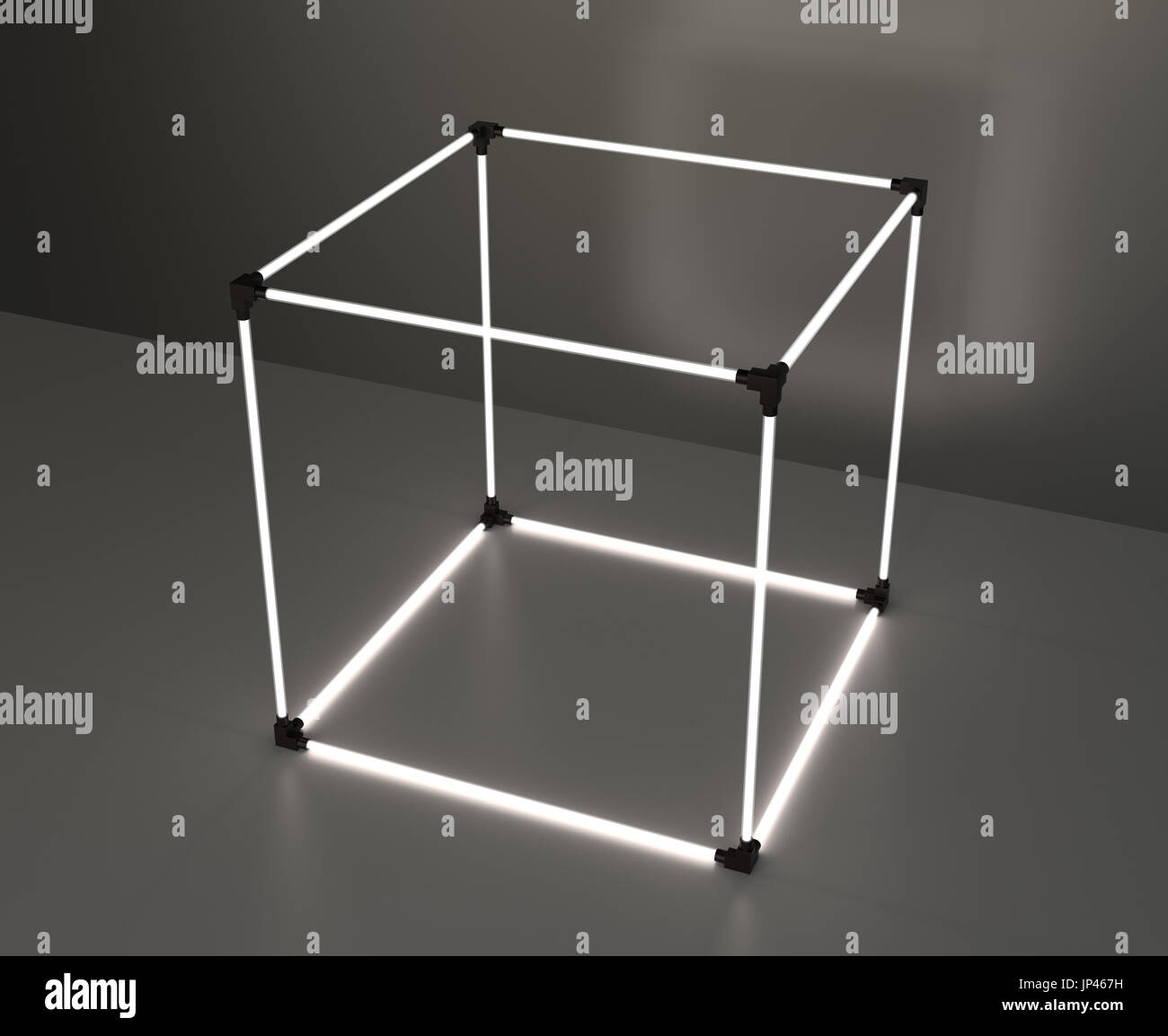 Glowing cube showcase on gray background with reflection. 3d rendering ...