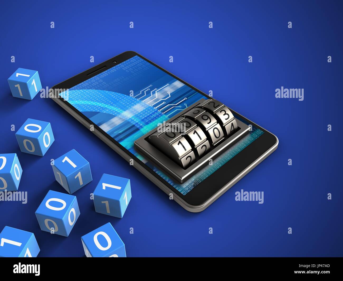 3d illustration of mobile phone over blue background with binary cubes ...