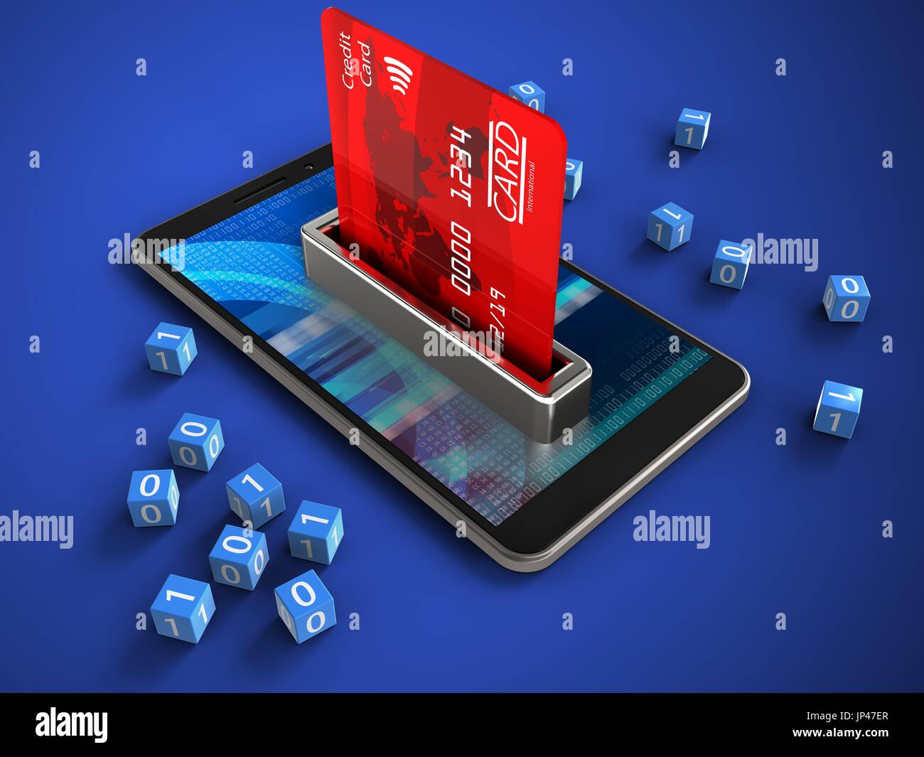 3d illustration of mobile phone over blue background with binary cubes ...