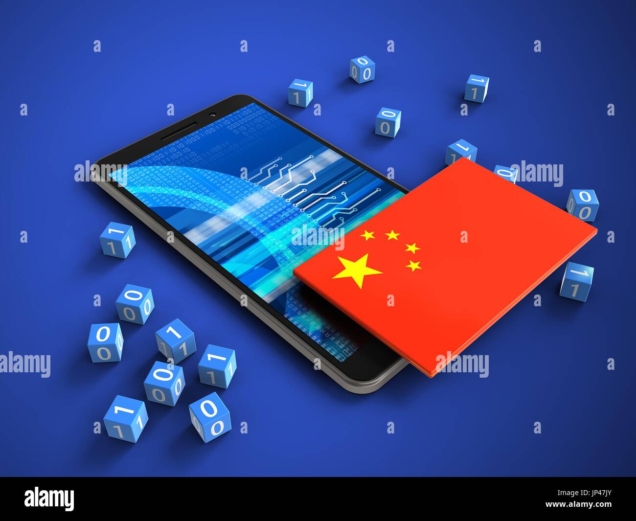 3d illustration of mobile phone over blue background with binary cubes ...