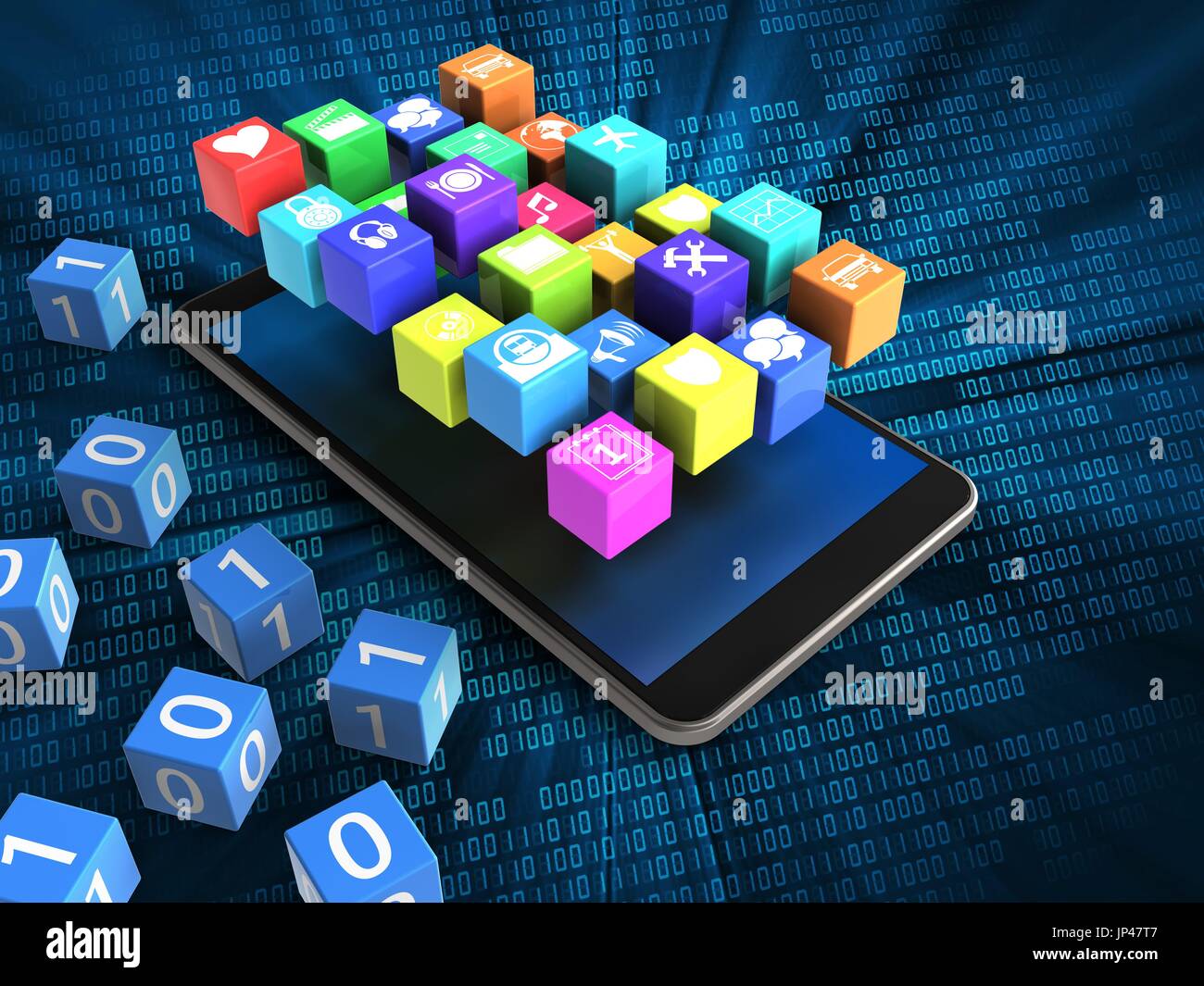 3d illustration of mobile phone over digital background with binary cubes and icons Stock Photo ...
