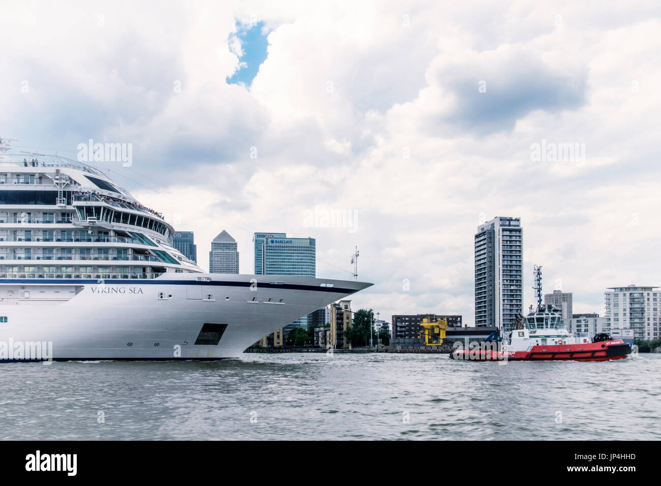 UK,London,MV Viking Sea cruise ship passes Canary Wharf banking and ...