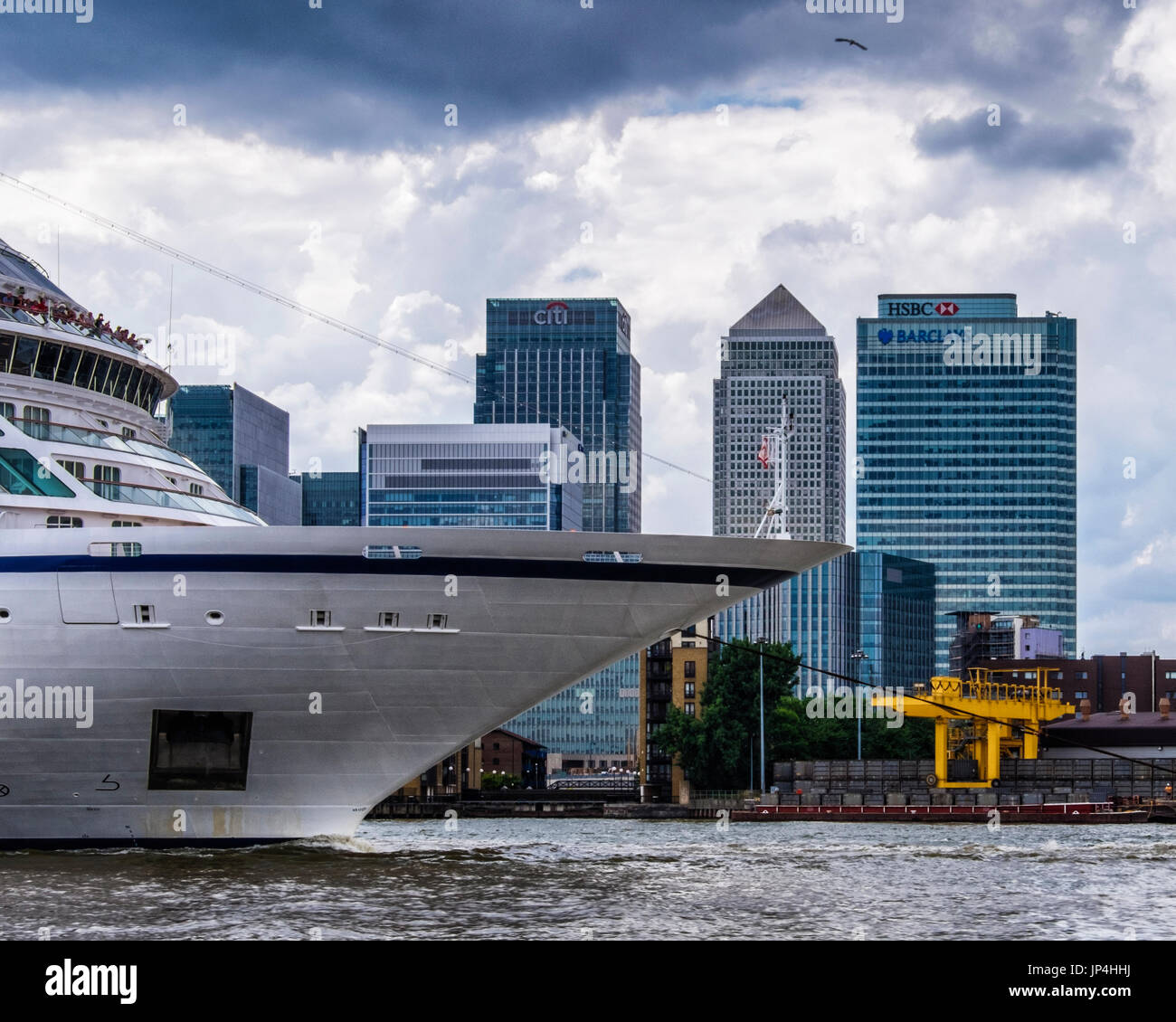UK,London,MV Viking Sea cruise ship passes Canary Wharf banking and ...
