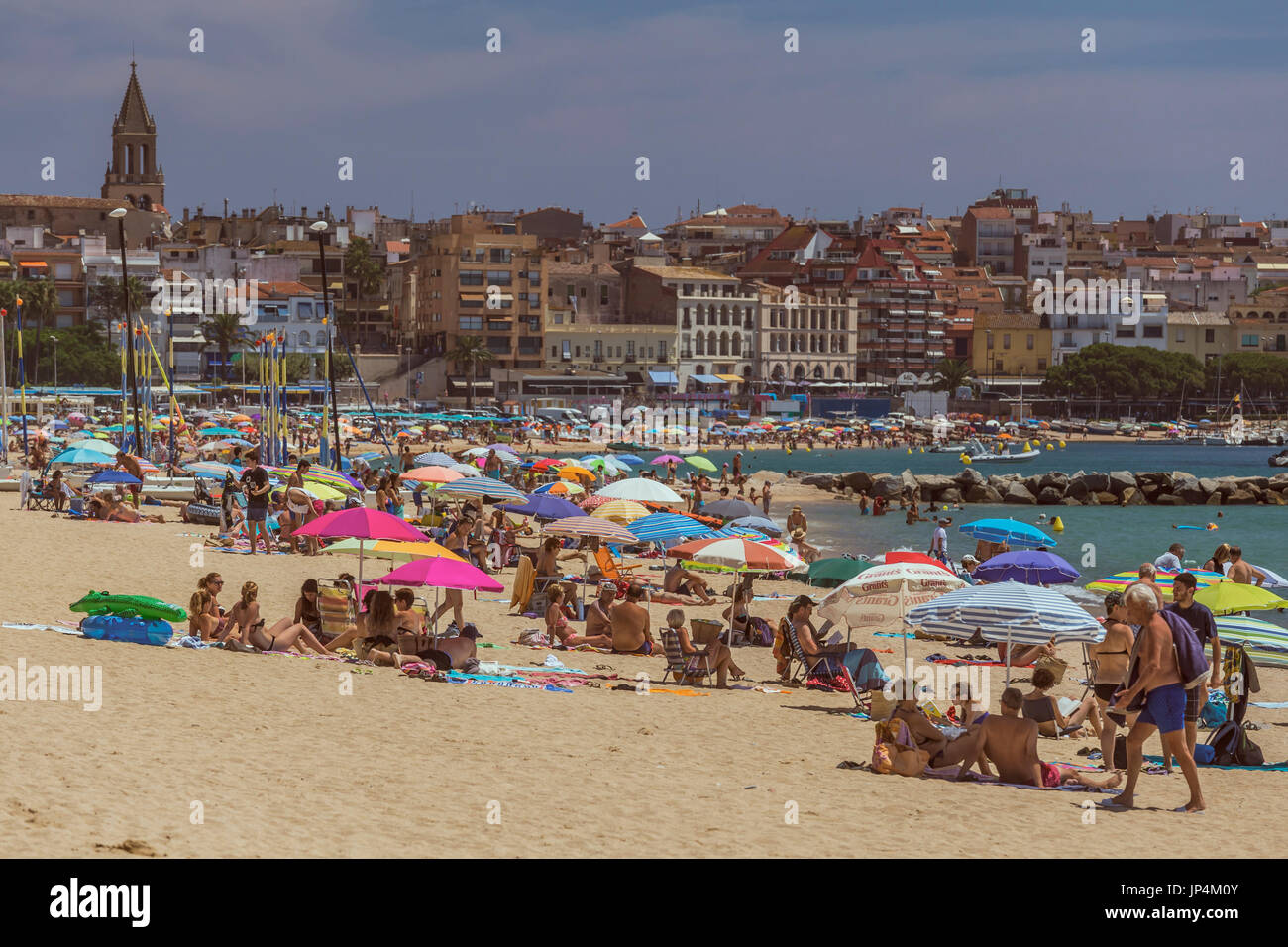 Beach life in a small spanish town Palamos (Spain,Costa Brava), July 27 ...