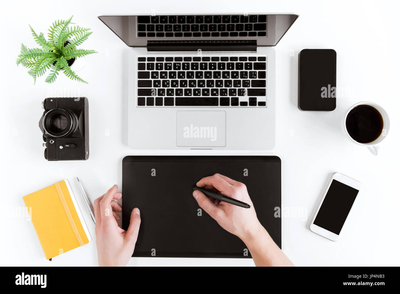 top view of hands using graphic tablet at modern workplace Stock Photo ...